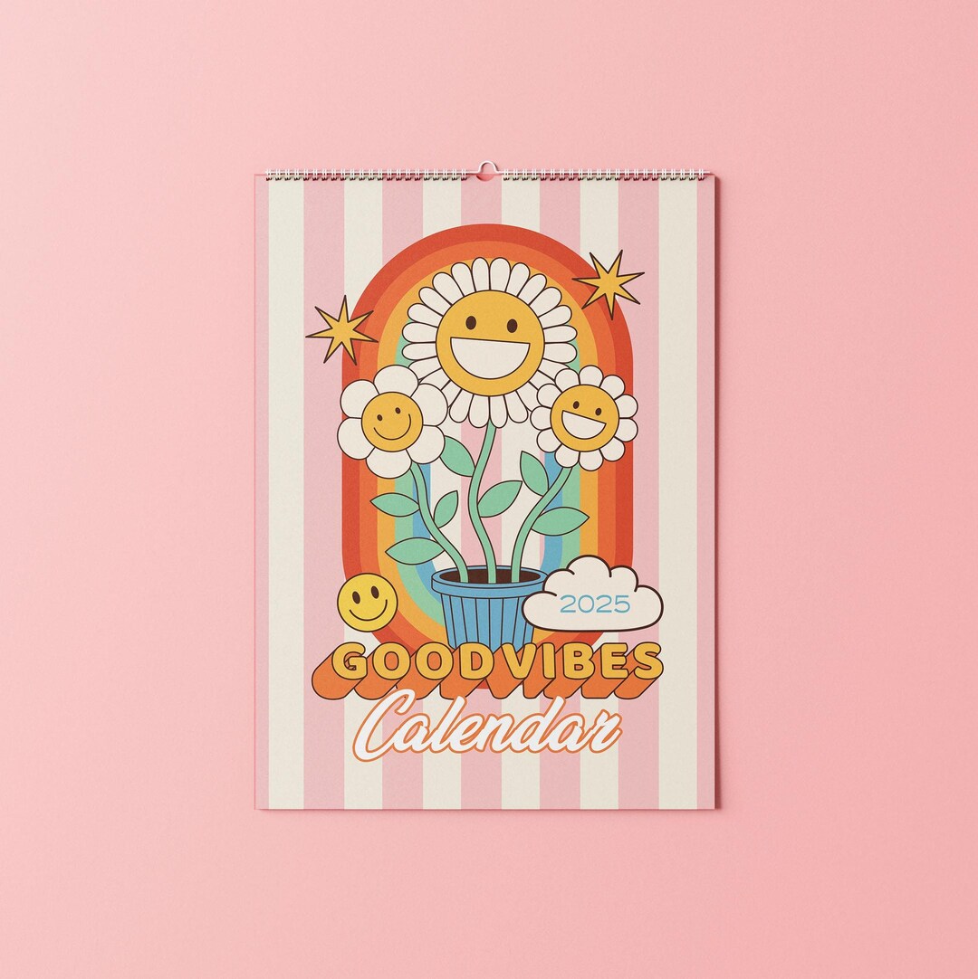 2025 Good Vibes Striped Daisy Calendar, A4 Hanging Wall Planner, 12 ...