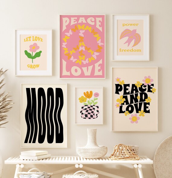 Peace Love Gallery Wall Set of 6 Colourful Art Trendy Prints Wall Decor Daisy Floral Prints Print Bundle Pink Prints Etsy