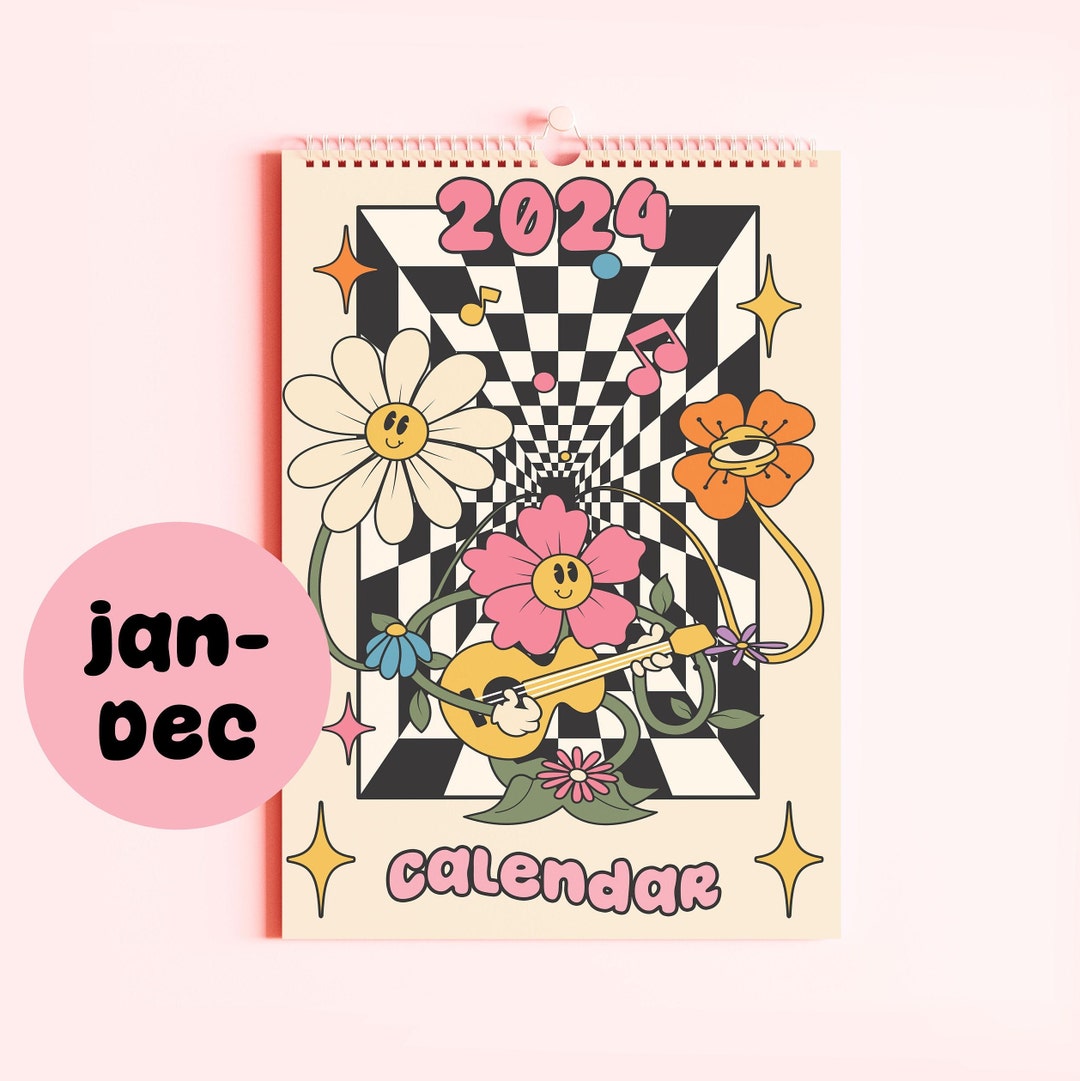 2024 Groovy Pink Calendar, 12 Month Hanging Calendar, Daily Planner, A4 ...