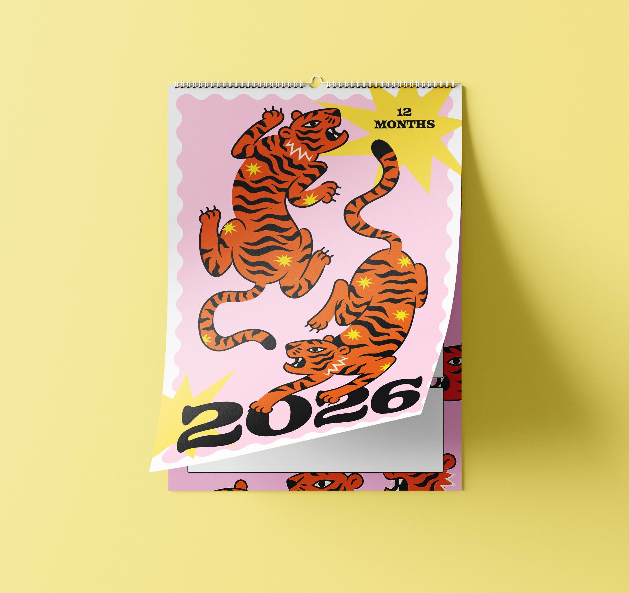 2026 Pink Tiger Graphic Calendar, Wall Planner, 12 Month Hanging ...