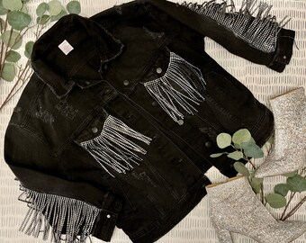 Rhinestone Fringe Denim Jacket - Etsy