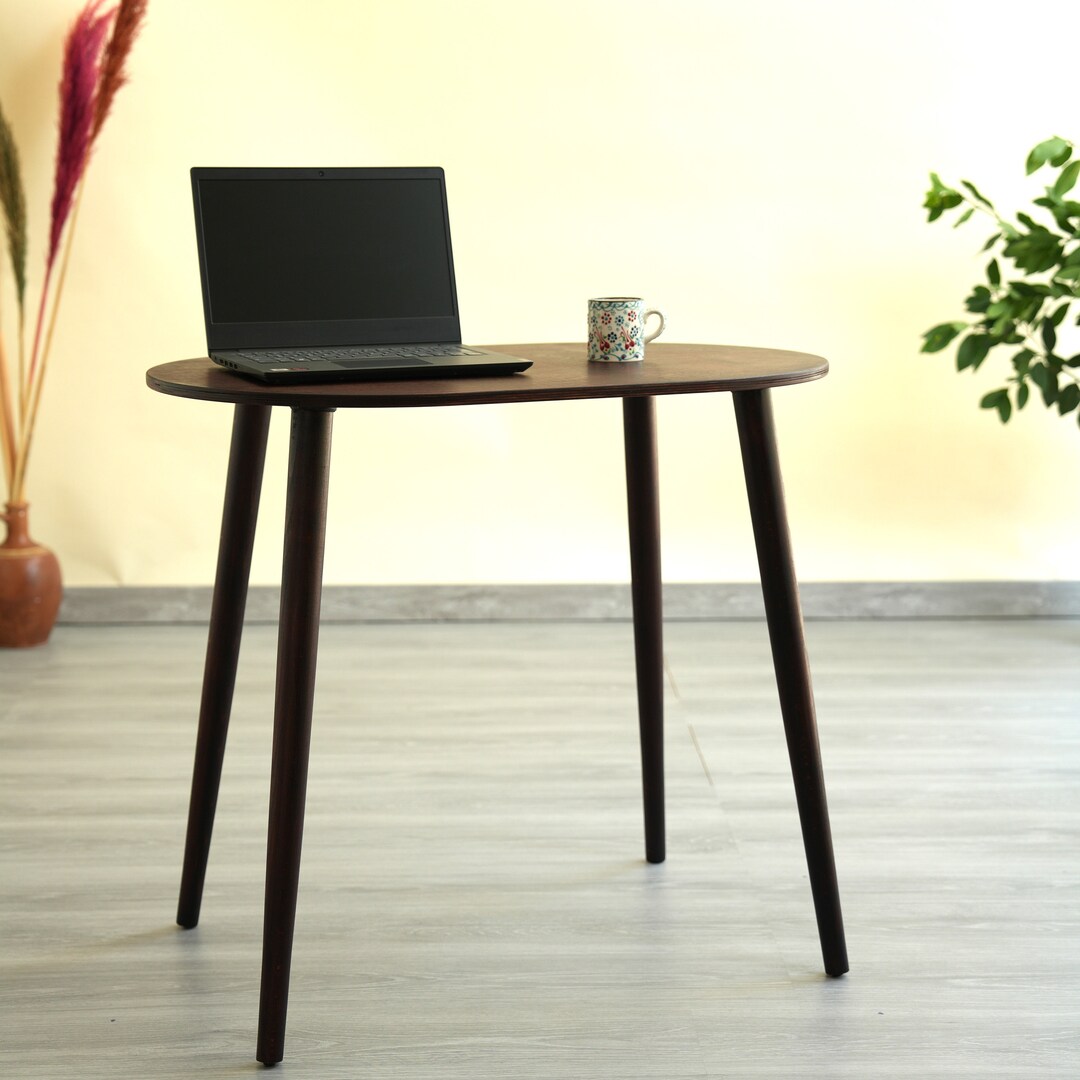 Wooden Oval Computer Desk Table, Rustic Laptop Furniture, Narrow Home ...