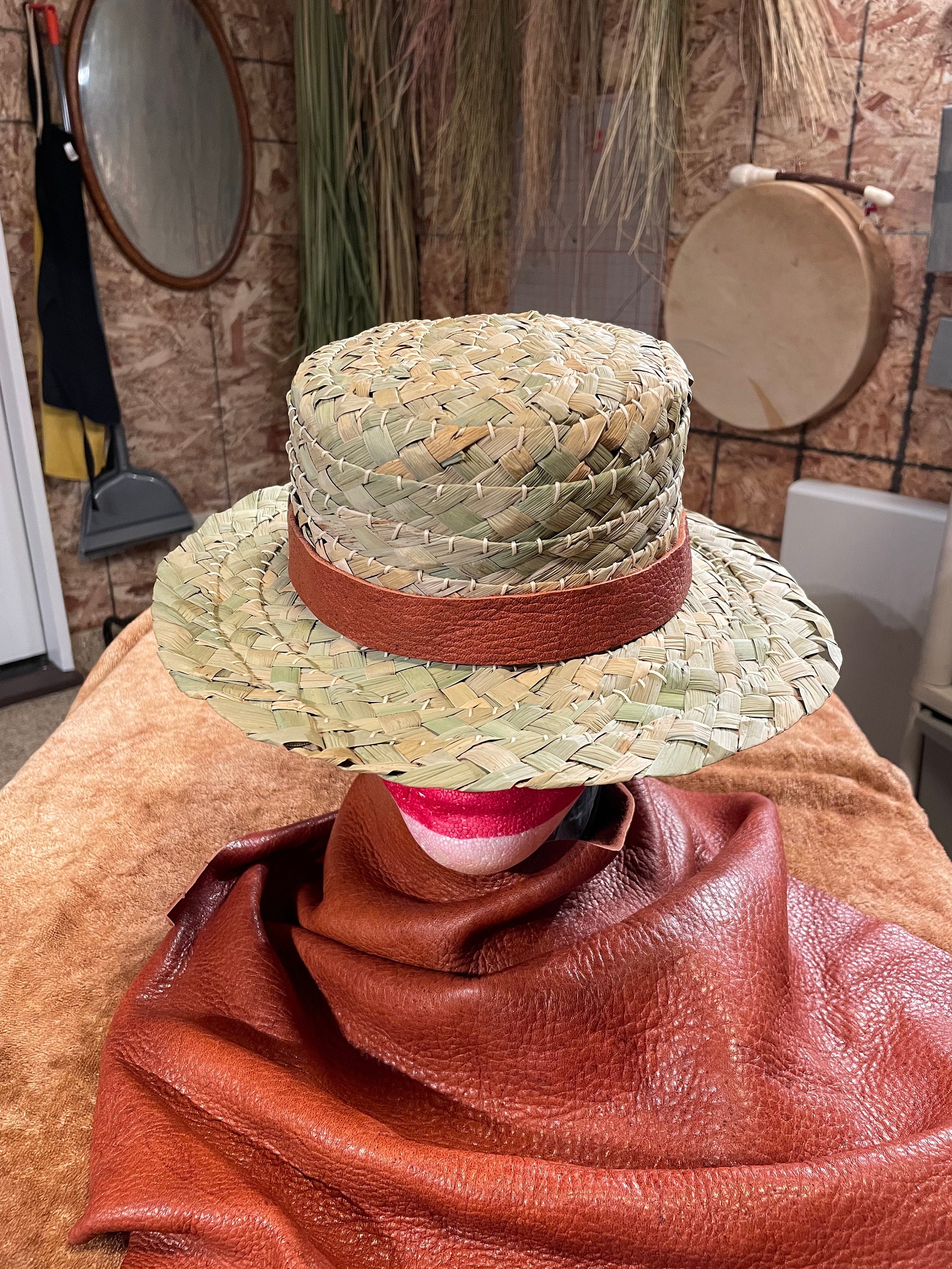 Wide Brim, Flat Top, Braided Cattail Hat - Etsy