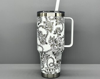 20oz 360 Skull and Flower Design Laser Engraved on a Yeti Tumbler, With ...