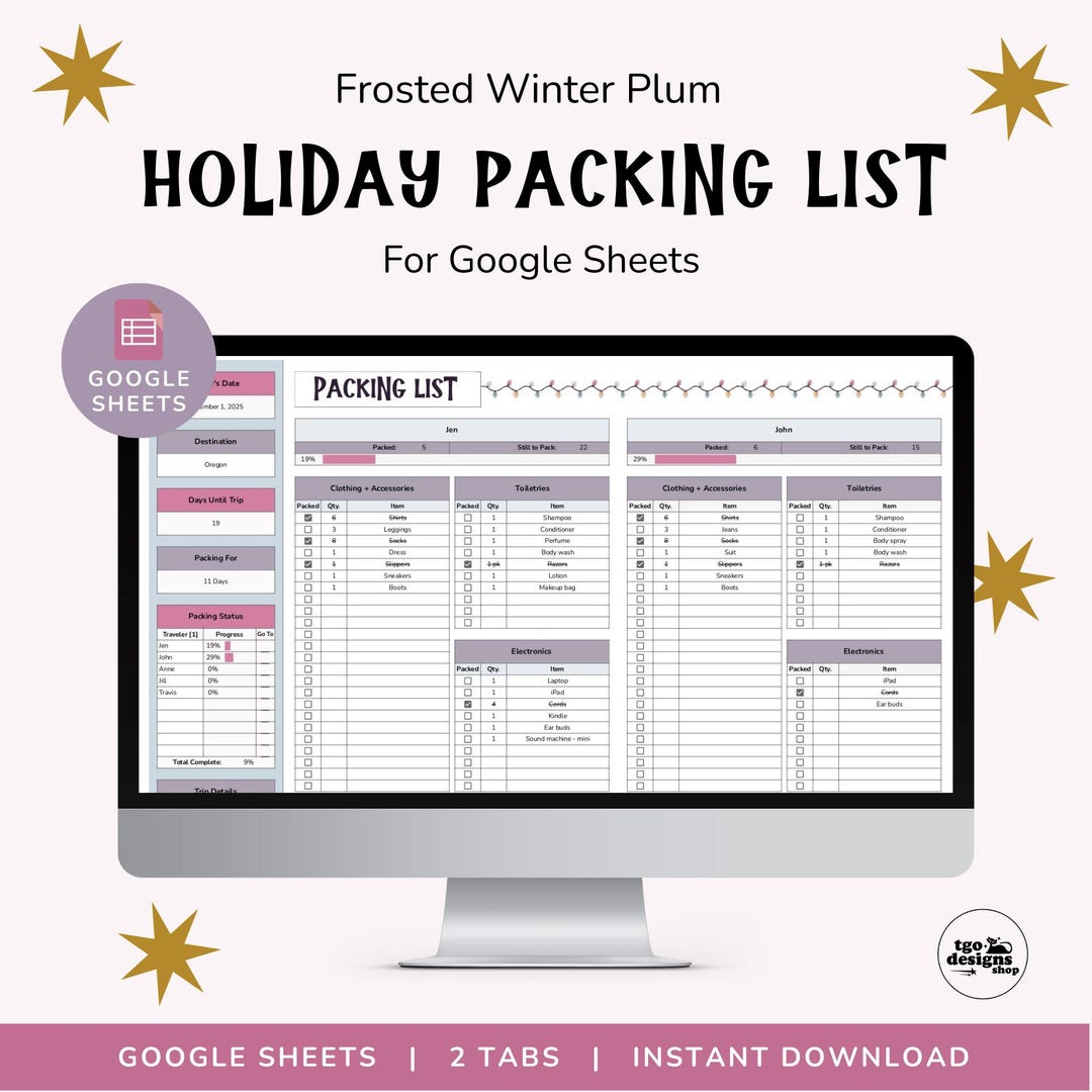 Holiday Packing List Spreadsheet for Google Sheets | Travel Packing ...