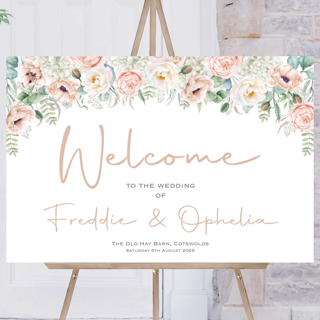 Pink Rose Wedding Welcome Sign, Personalised Wedding Welcome Sign ...