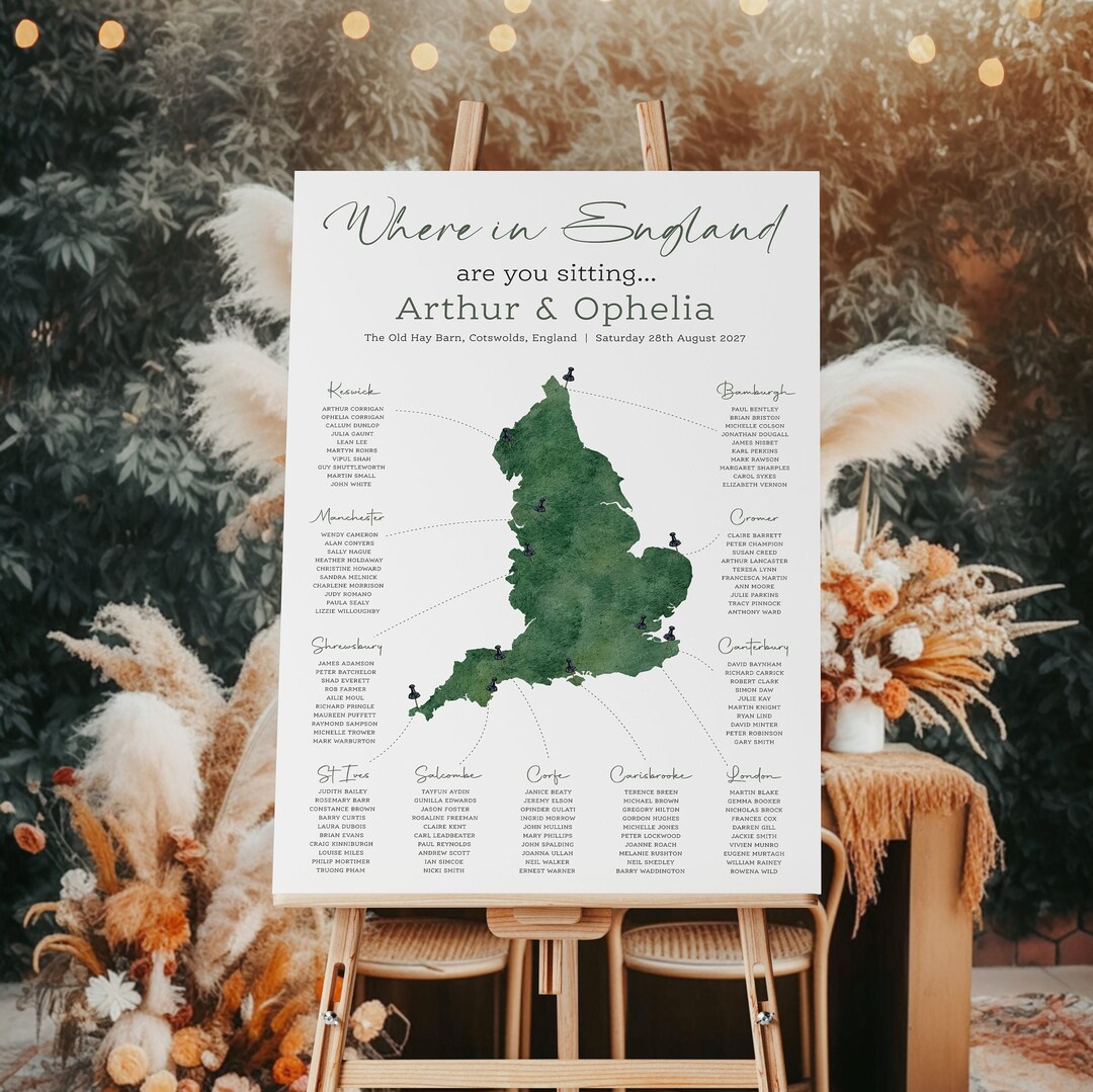 UK Map Wedding Table Plan | Map of England Wedding Table Plan | Great Britain Map Seating Plan ...