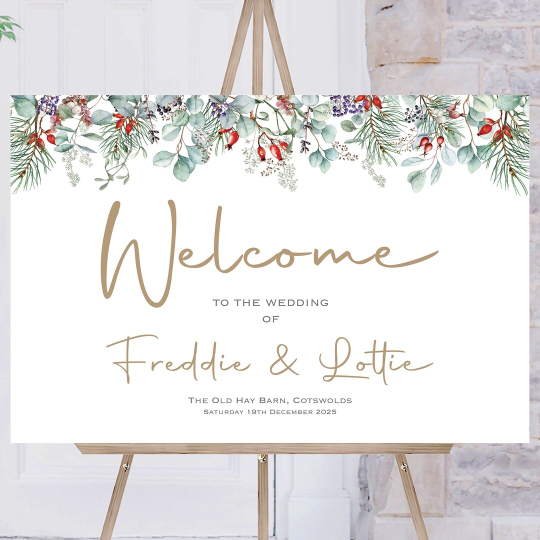 Wedding Welcome Sign in Winter Red Berry | Personalised Wedding Welcome ...