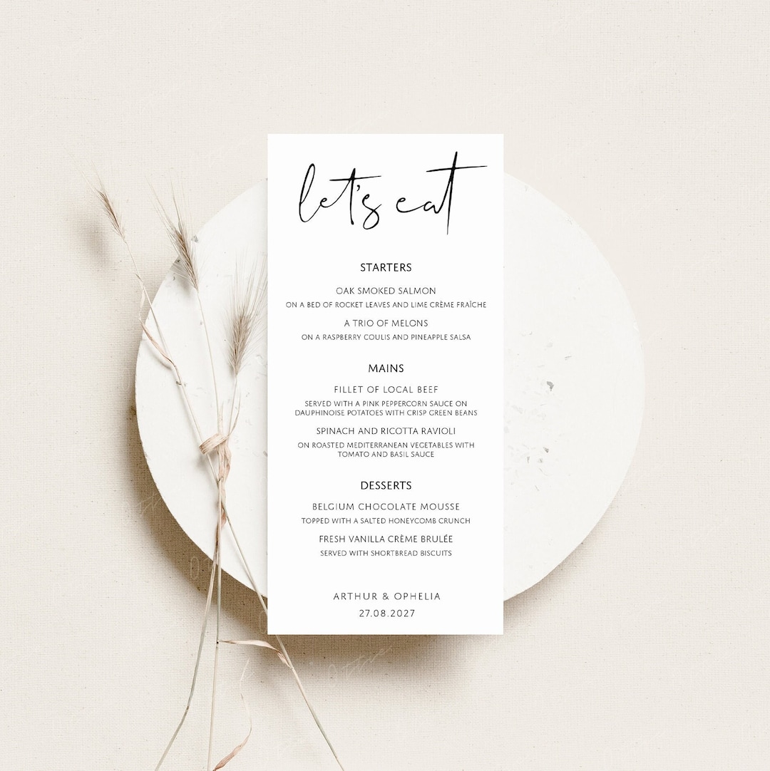 Wedding Menus | Printed Guest Menu Card | Dinner Menu Card ...