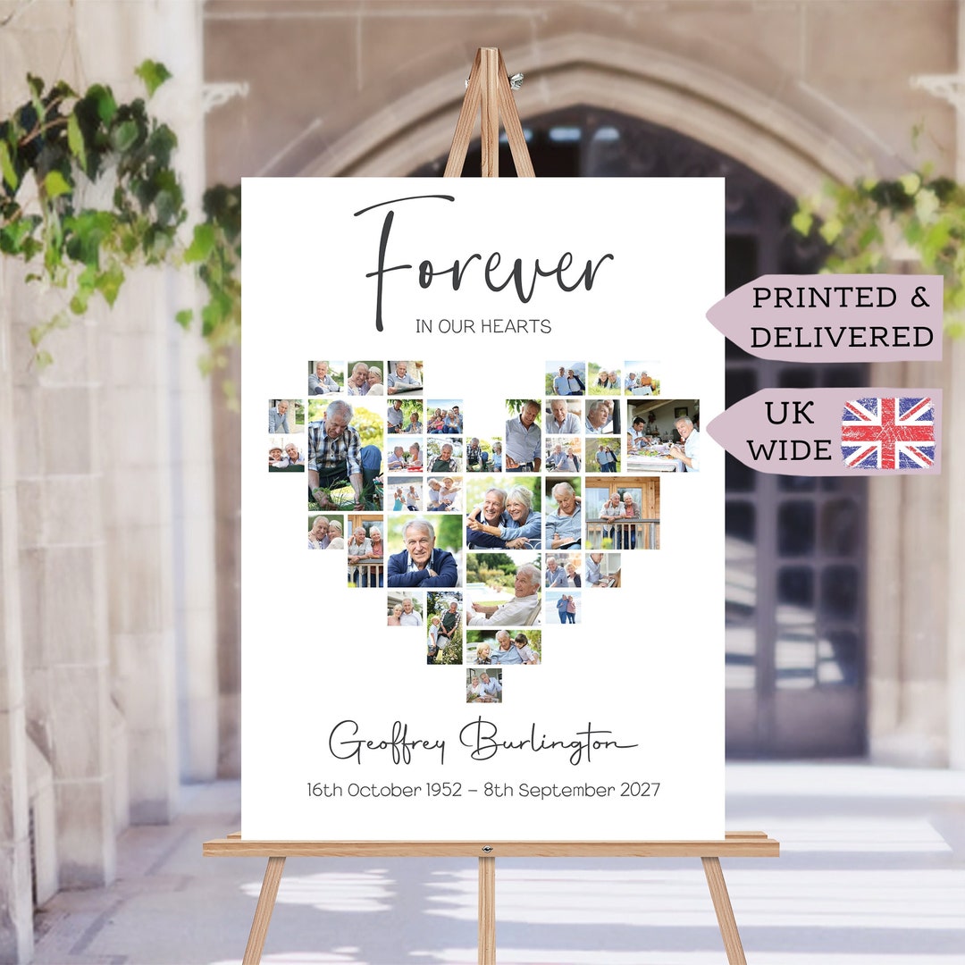 PRINTED Heart Funeral Photo Collage | Photo Funeral Poster | Memorial ...
