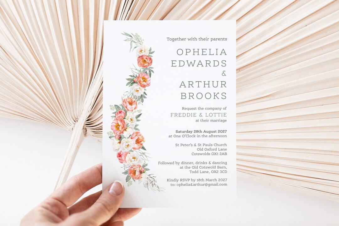 PRINTED Pink Coral Wedding Invitation Wedding Invite Coral Wedding ...