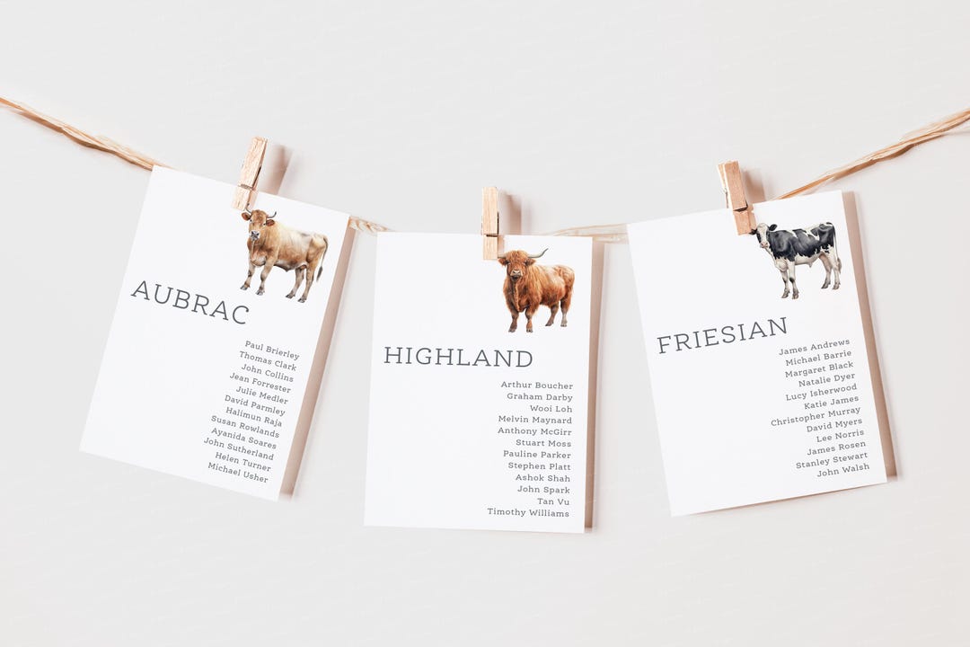 Cow Wedding Table Plan Cards, Cow Wedding Signs, Farmers Wedding ...