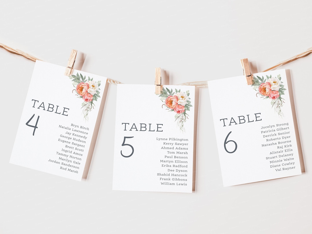 Wedding Table Plan Cards | Table Number's | Seating Plan Cards | Coral ...