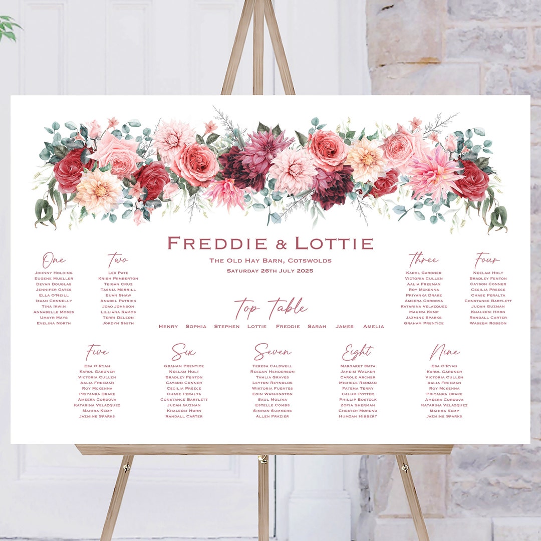 Red & Pink Wedding Table Plan | Wedding Breakfast Seating Plan ...