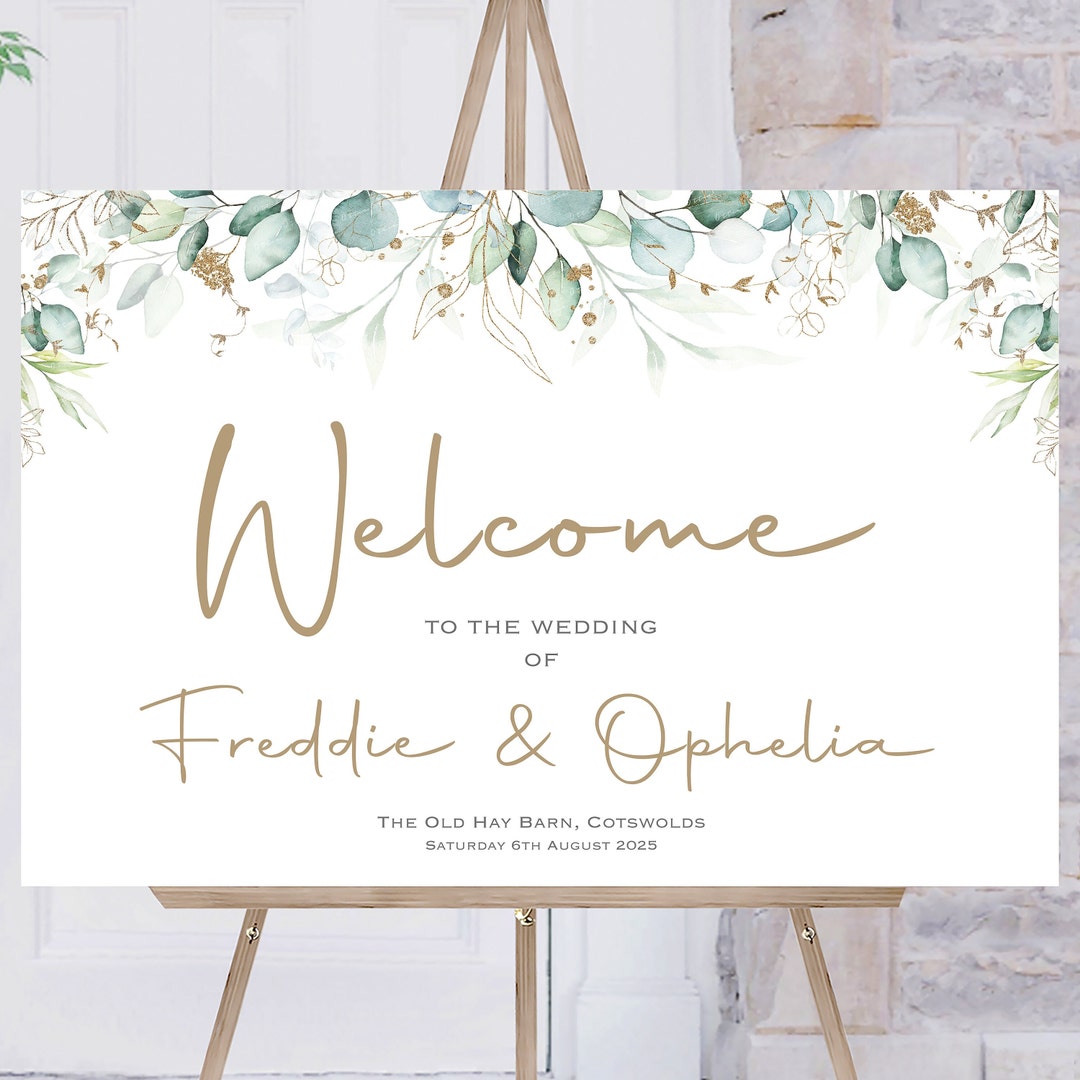 Green & Gold Leaf Wedding Welcome Sign, Personalised Wedding Welcome ...