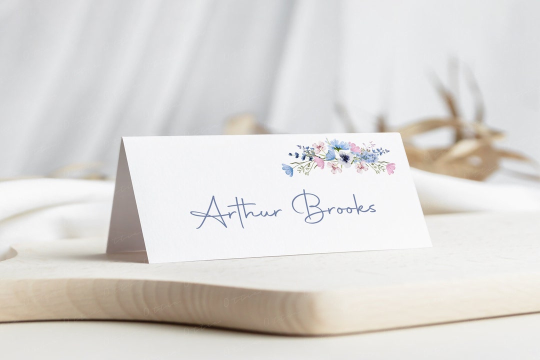 Blue Wildflower Wedding Place Cards | Blue and Pink Wild Flower Place ...