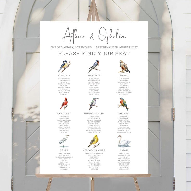 Bird Wedding Seating Plan, Animal Wedding Seating Chart, Bird Spotting ...