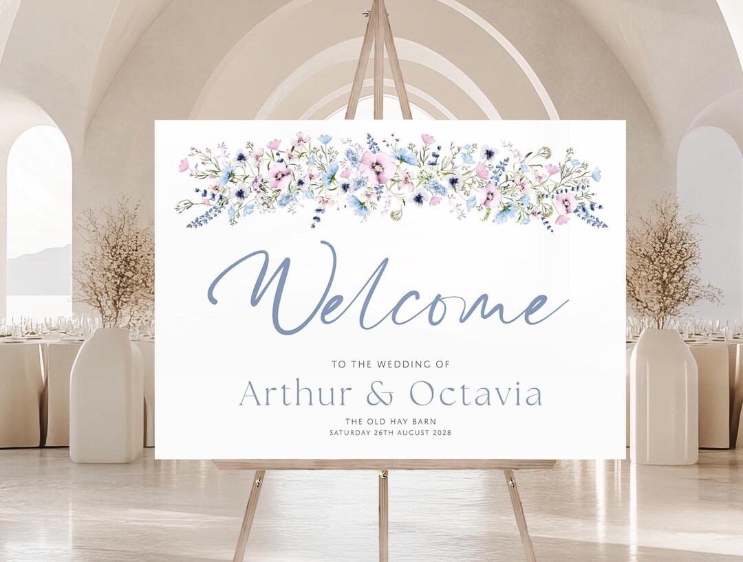 Wedding Welcome Sign, Wildflower Wedding Sign, Blue Pink Floral Wedding ...