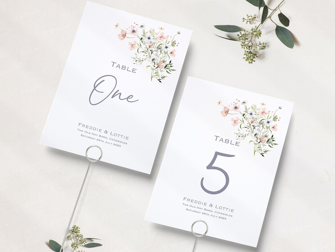 Pink Wild Flower Wedding Table Numbers | Wildflower Table Names ...