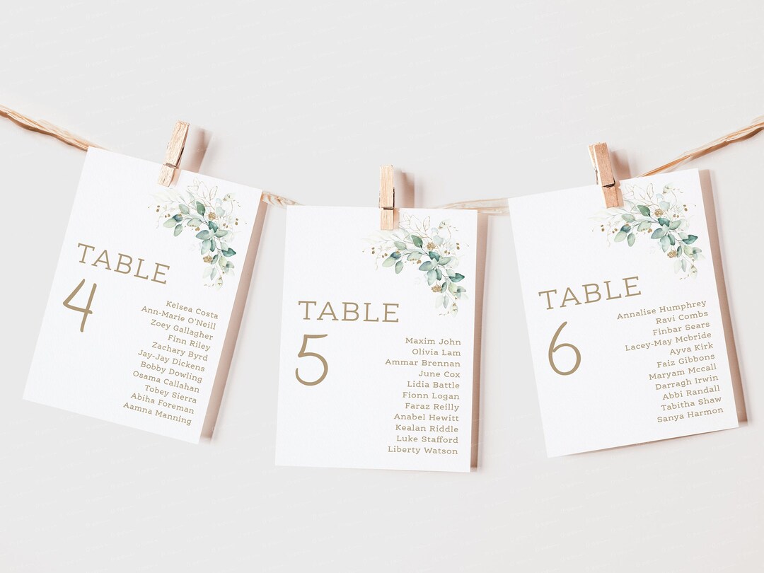 Wedding Table Plan Cards | Green & Gold Leaf Table Number's | Seating ...
