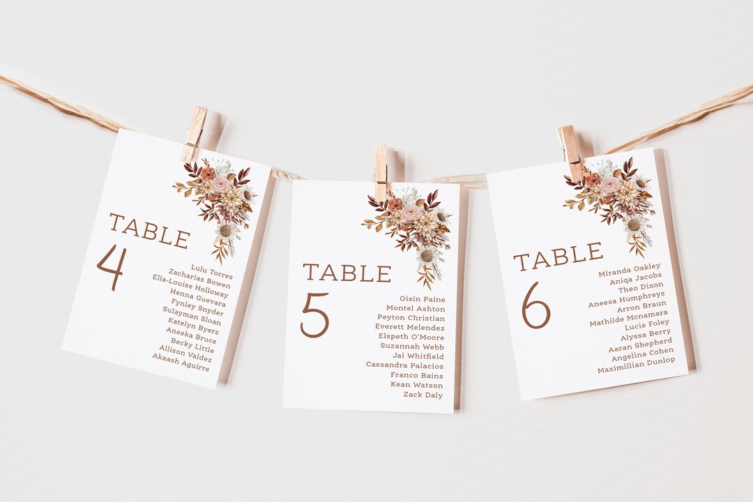 Autumnal Wedding Table Plan Cards | Table Number's | Seating Plan Cards ...