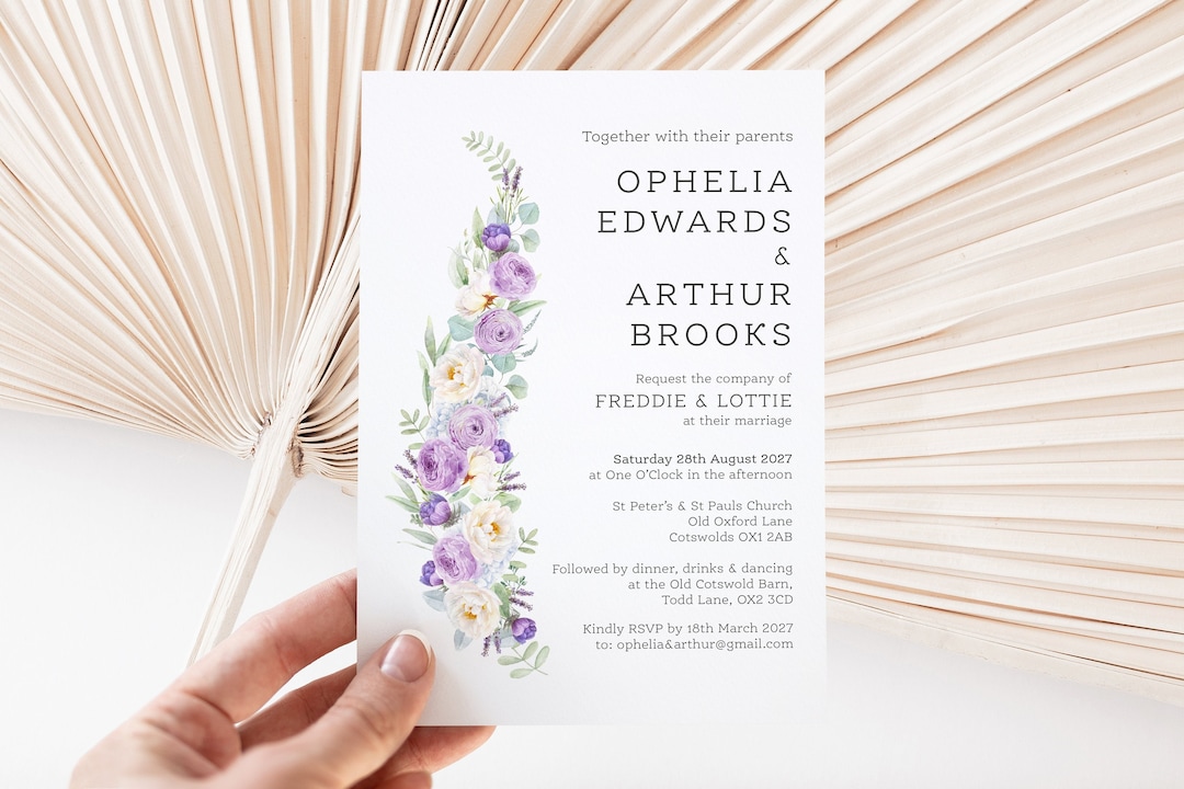 PRINTED Wedding Invitation | Purple Flower Wedding Invite | Wedding ...