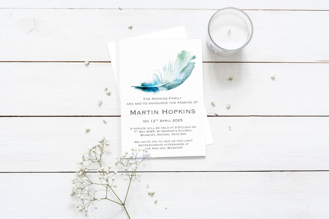 Funeral Feather Announcement Cards | Celebration of Life Invitations ...