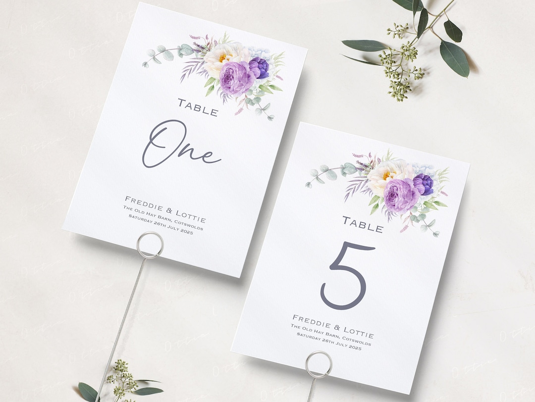 Purple Lilac White Wedding Table Numbers | Purple Table Names | Purple ...
