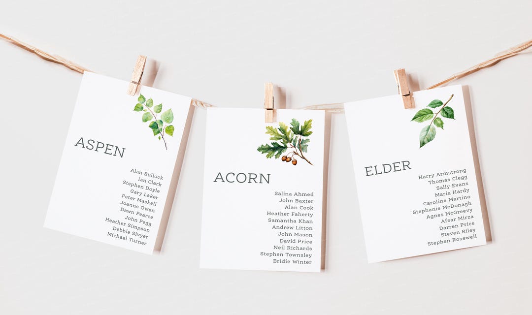 Tree Themed Table Plan Cards, Botanical Garden Wedding Seating Chart ...