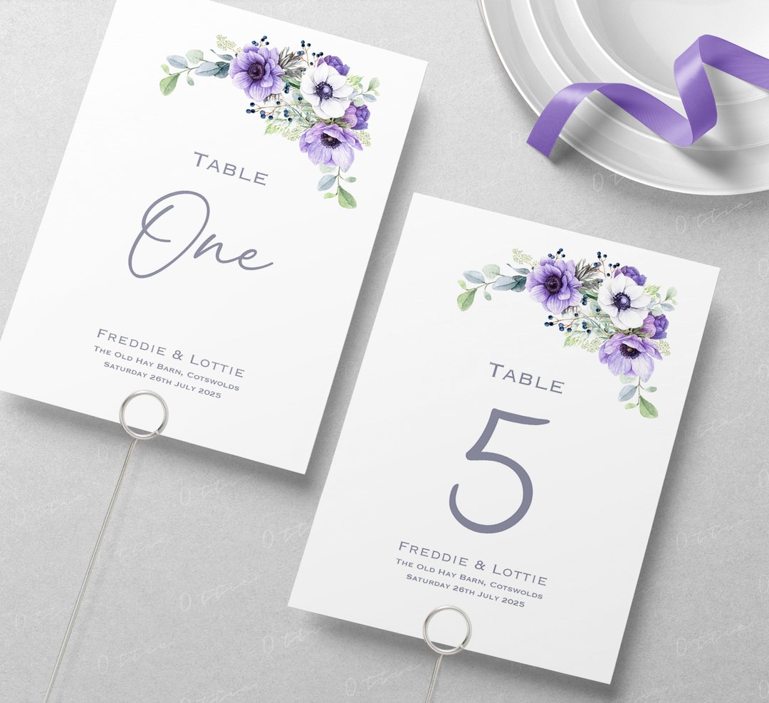 Purple Wedding Table Numbers Purple Floral Wedding Lilac Table Names ...