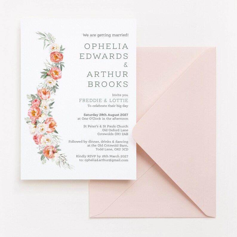 PRINTED Pink Coral Wedding Invitation Wedding Invite Coral - Etsy