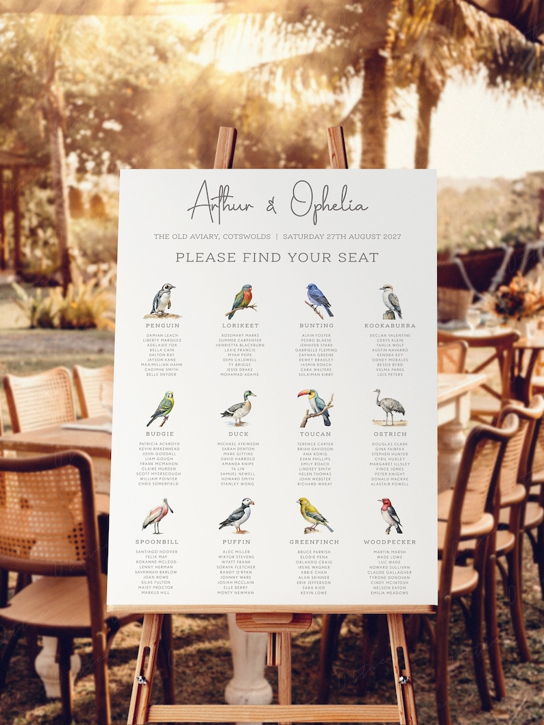 Bird Wedding Seating Plan, Animal Wedding Seating Chart, Bird Spotting ...