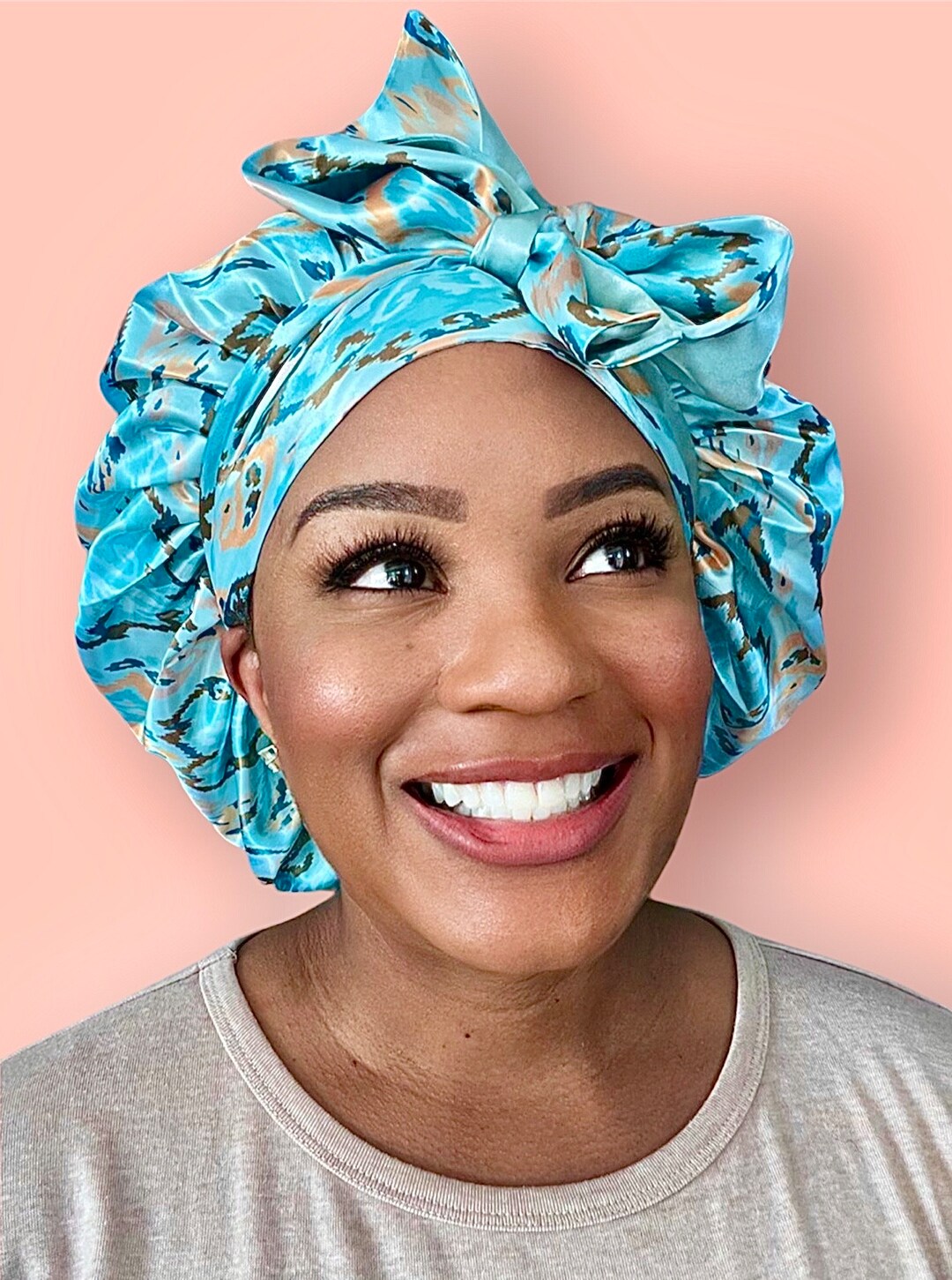 Colorful Print Lightweight Satin Lined Bonnet Bow-tie Satin Elastic ...