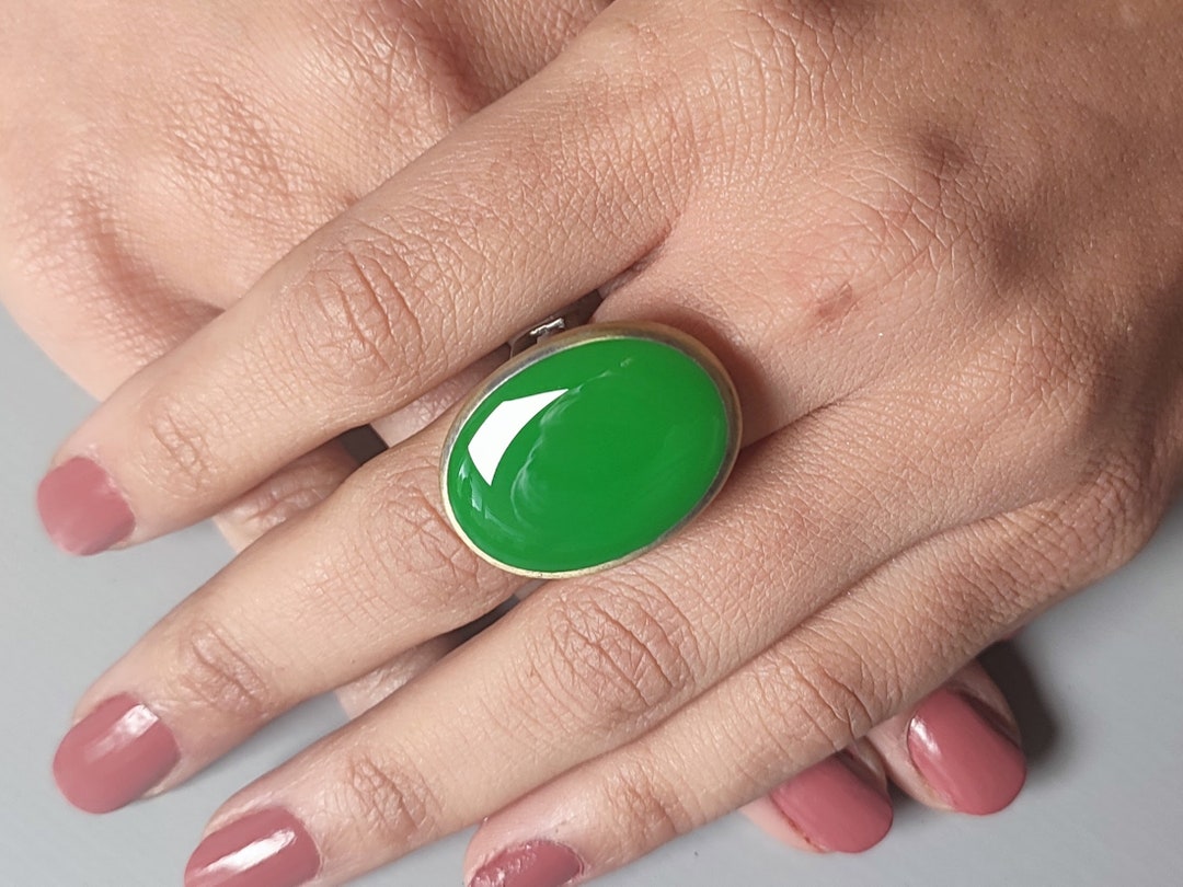Green Cocktail Ring, Oval Shaped Ring, Big Cabochon Ring, Large ...