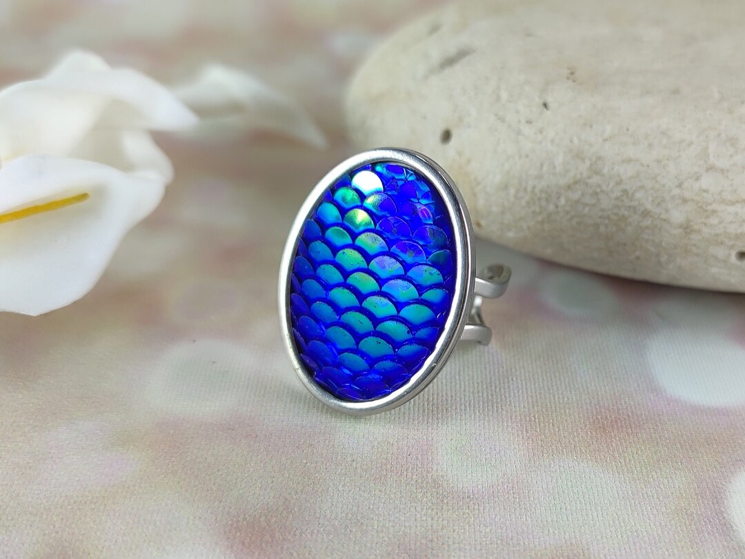 Blue Oval Ring Mermaid Silver Ring Adjustable Open Ring Statement ...
