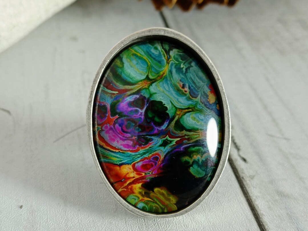 Trippy Design Glass Cabochon Ring Big Oval Shaped Artsy Ring - Etsy