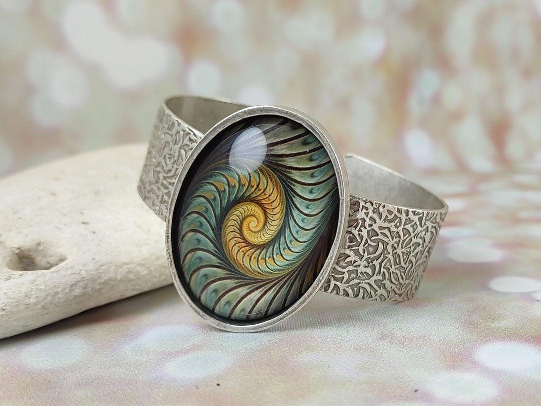 Wide Silver Cuff Bracelet: Fossil Stone Bangle, Adjustable - Etsy