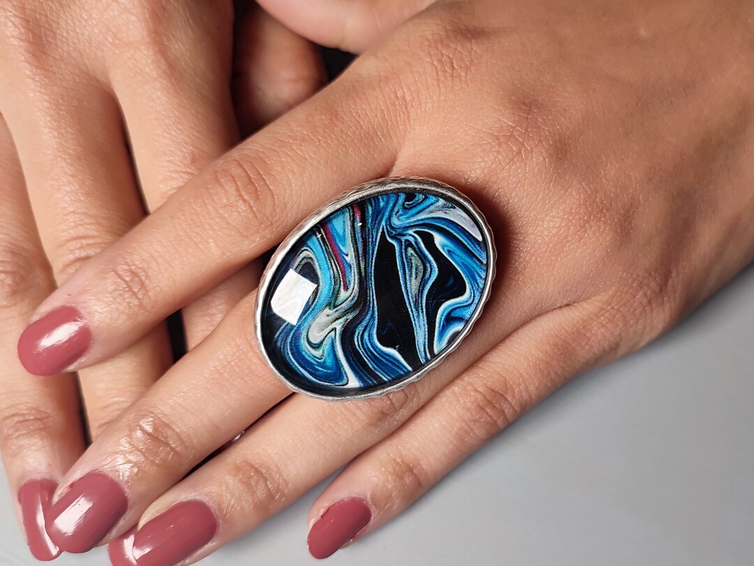 Big Oval Trippy Ring Blue, Psychedelic Glass Cabochon Ring, Hammered ...