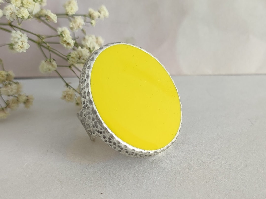 Large Round Yellow Ring Chunky Silver Adjustable Yellow - Etsy