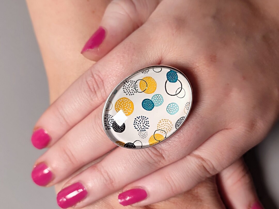 Yellow and Blue Spotted Ring Large Glass Ring Spotted Statement Ring ...