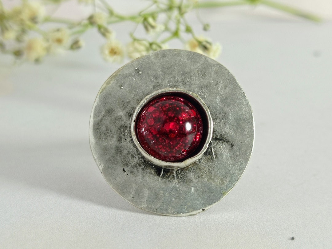 Red Glitter Round Silver Ring, Big Disc Shaped Cabochon Ring, Circular ...