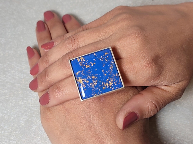 Blue and Gold Large Square Statement Ring, Flat Chunky Silver Ring ...