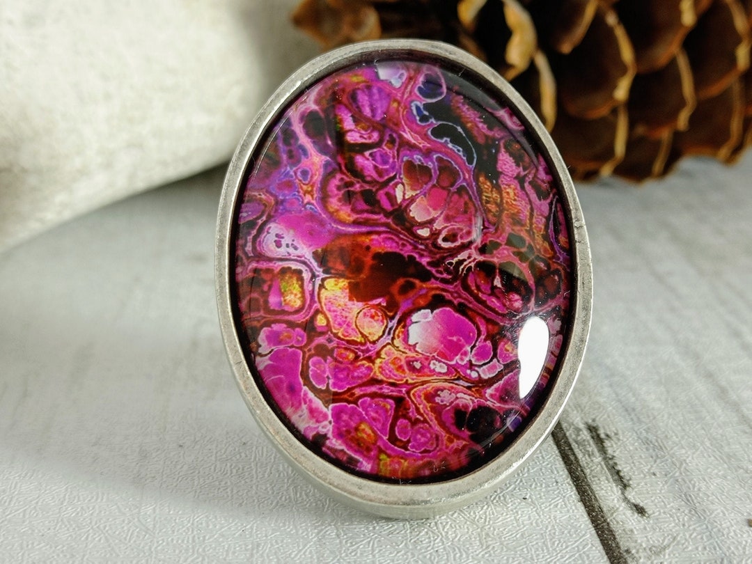 Oversized Artsy Ring, Big Pink Cocktail Ring, Handcrafted Beaten Silver ...