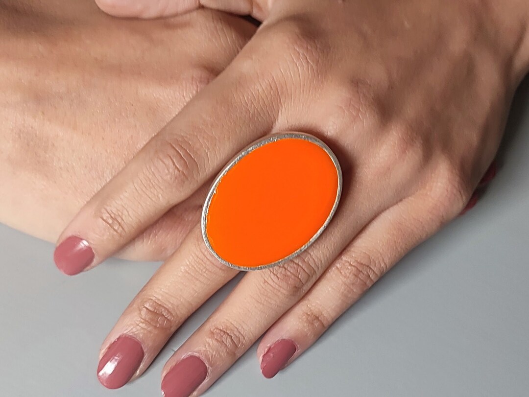 Bright Orange Chunky Ring, Bold Ring, Large Oval Ring, Fashion Ring ...