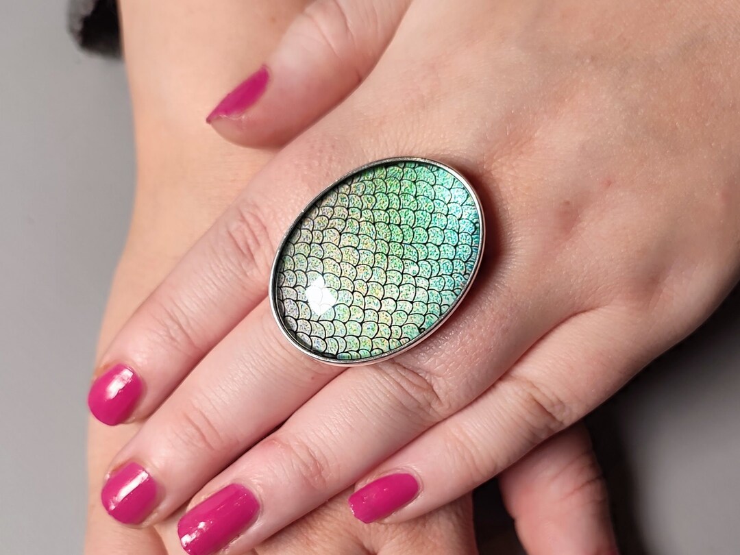 Mermaid Ring Fish Scales Ring Large Green Statement Ring Oval Chunky ...