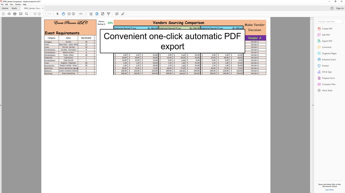 Vendor Price Comparison | Pre-populated Inventory | Event Planning ...