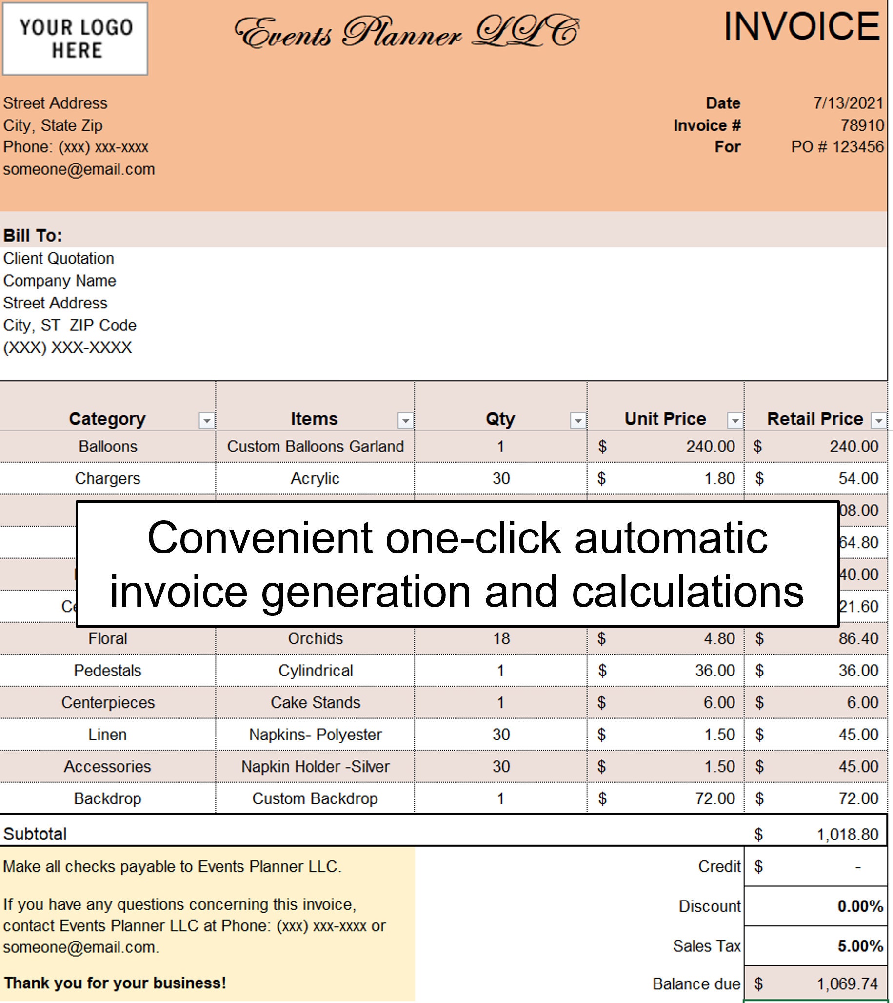 Client Price Quote | Pre-populated Inventory | Event Planning Items ...