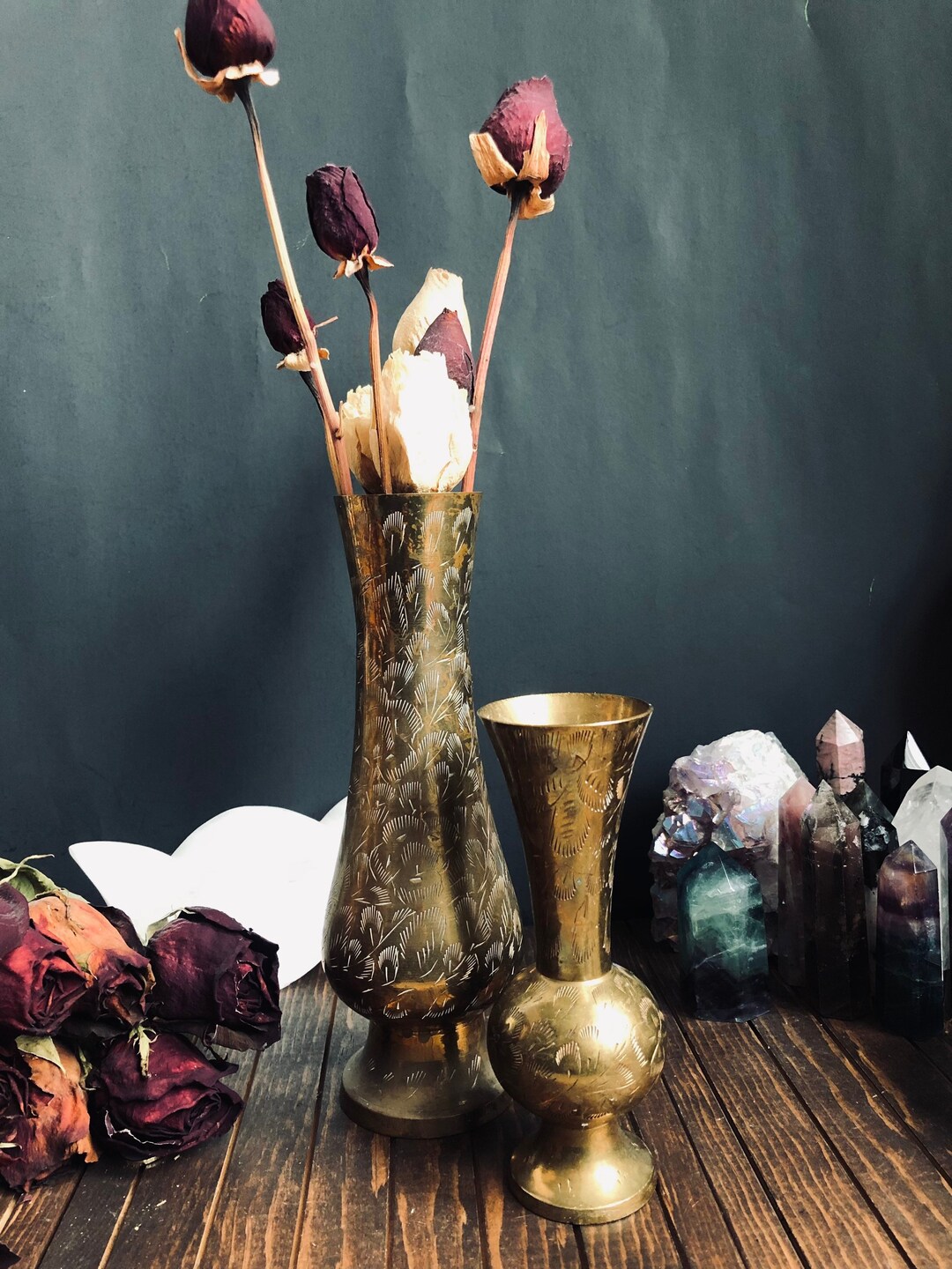 Vintage Brass Set of Vases Etched Brass Vase Tall Brass Vase Short ...