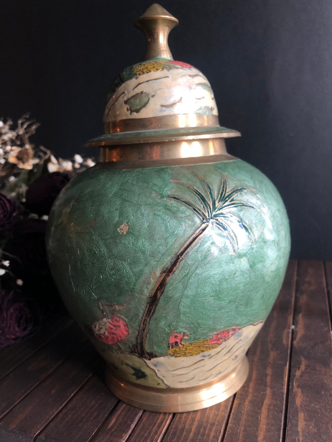 Vintage Brass Jar With Lid Vintage Brass Urn With Enamel Coating Brass ...