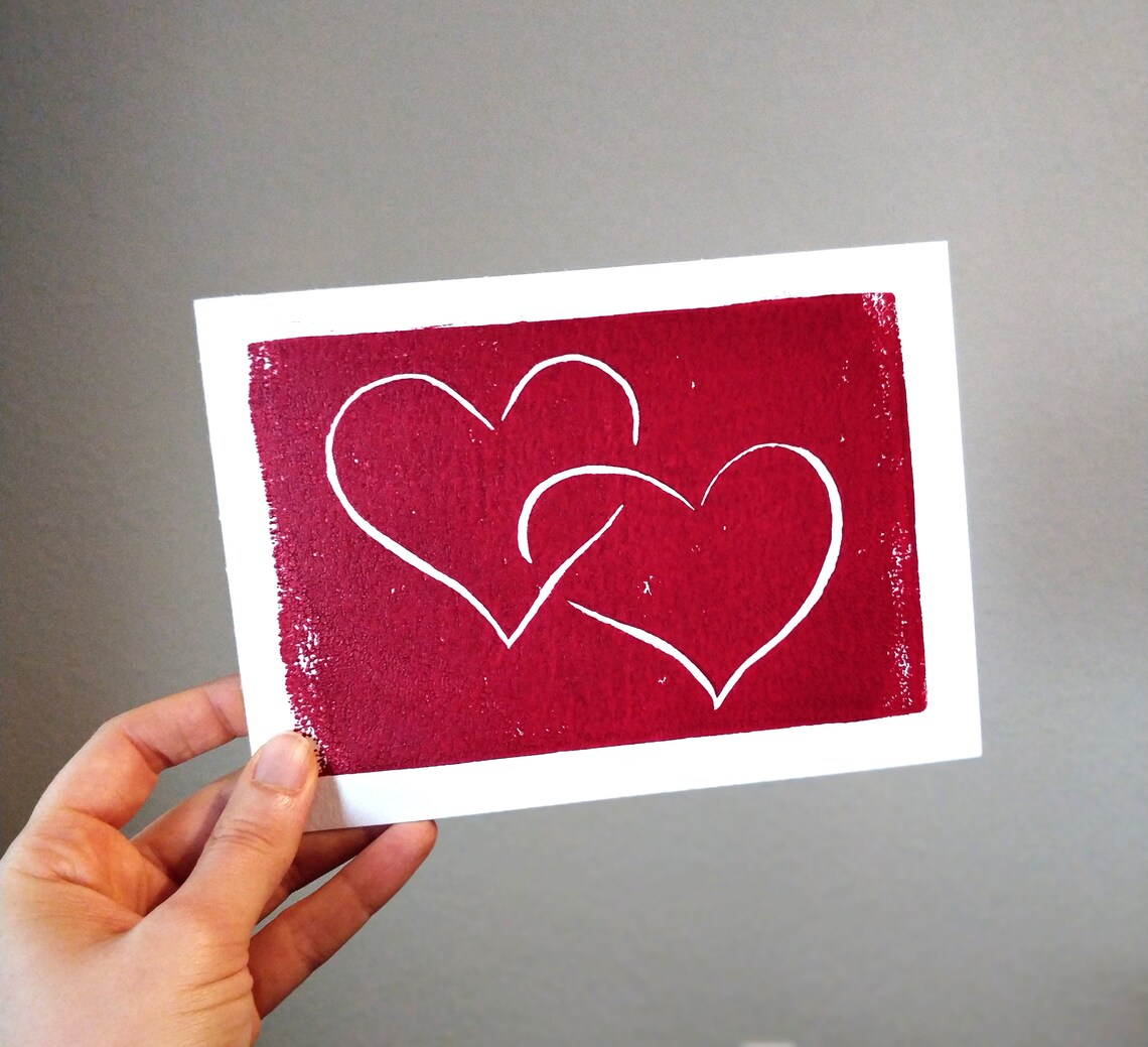 Interlocking Hearts Block Print Unframed / Handmade Heart Art | Etsy